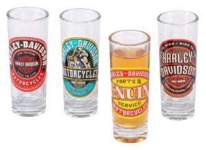 harley-davidson label shooter set, tall shot glasses w/custom h-d graphics