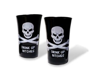 jolly roger funny pirate shot glasses black with skull and crossbones (drink up bs 2 pack)