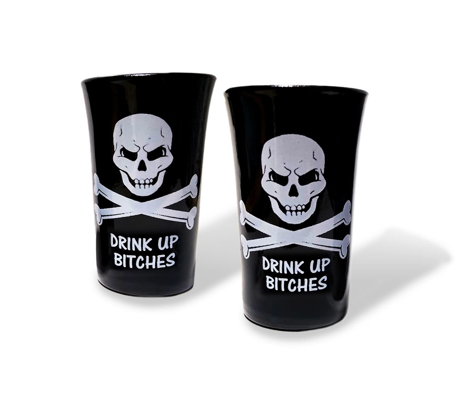 Jolly Roger Funny Pirate Shot Glasses Black with Skull and Crossbones (Drink Up Bs 2 Pack)