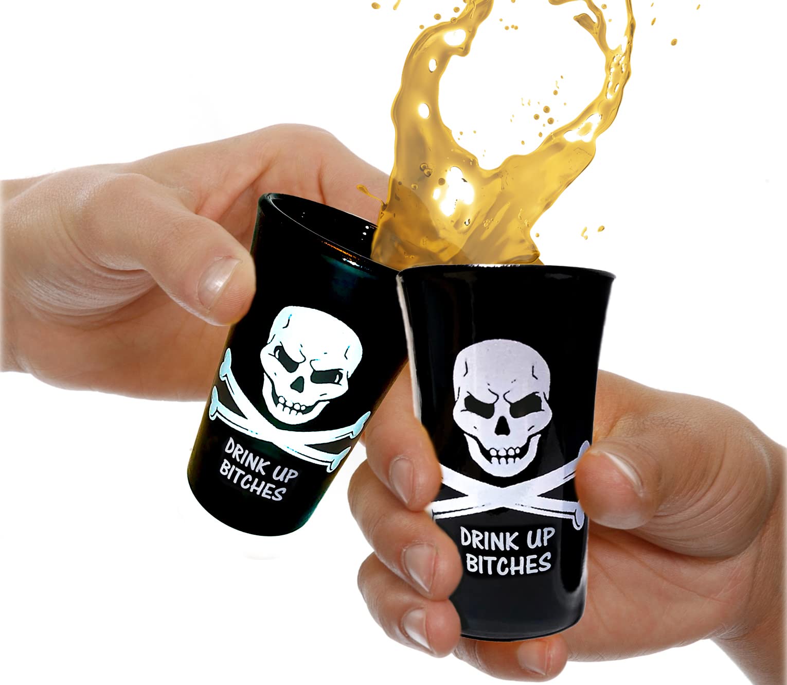 Jolly Roger Funny Pirate Shot Glasses Black with Skull and Crossbones (Drink Up Bs 2 Pack)