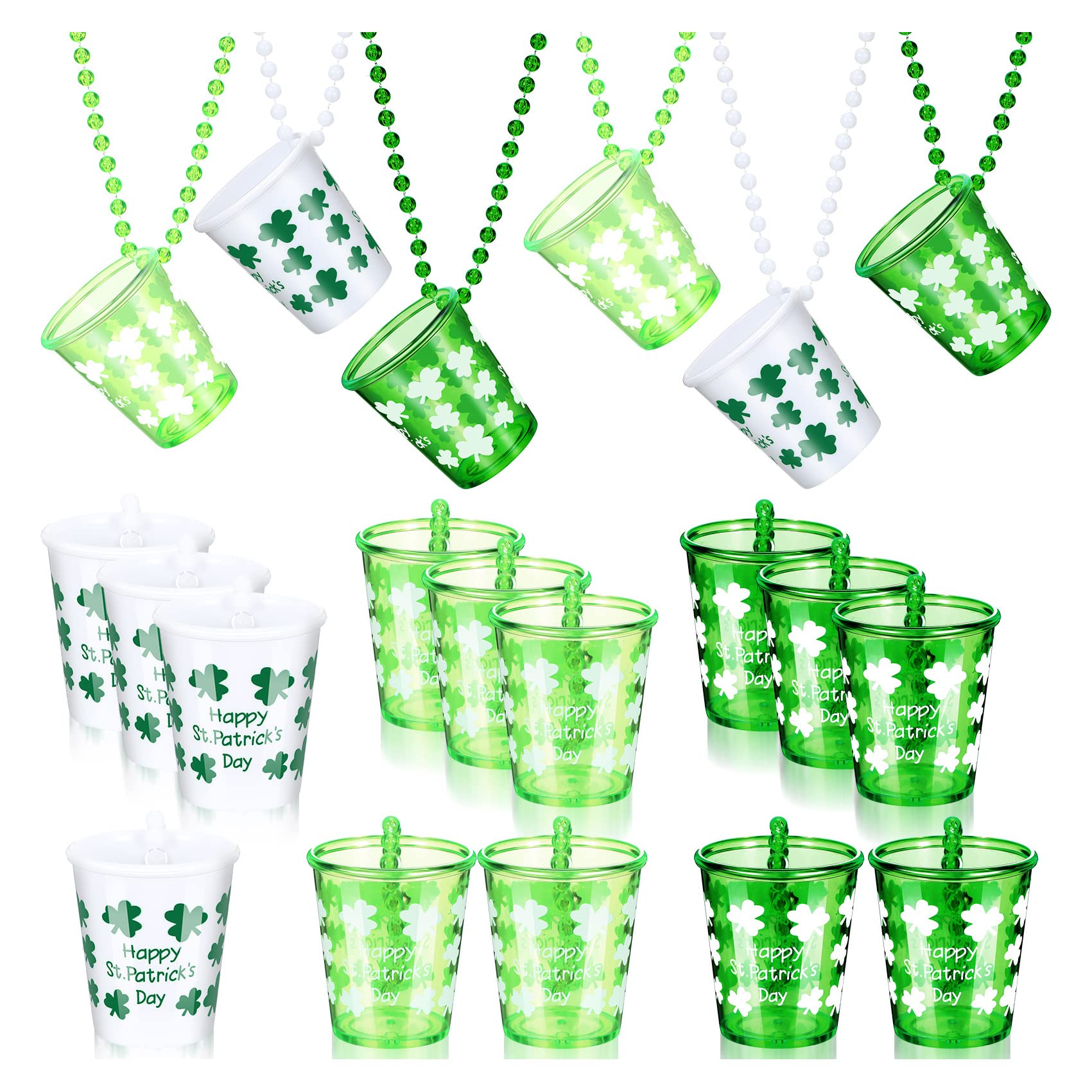 20 Pcs St. Patrick's Day Shot Glass on Beaded Necklace Shamrock Plastic Cup Necklace White Green Shot Glass Necklaces Lucky Beer Cup for Festival Bachelorette Wedding Birthday Party Favor