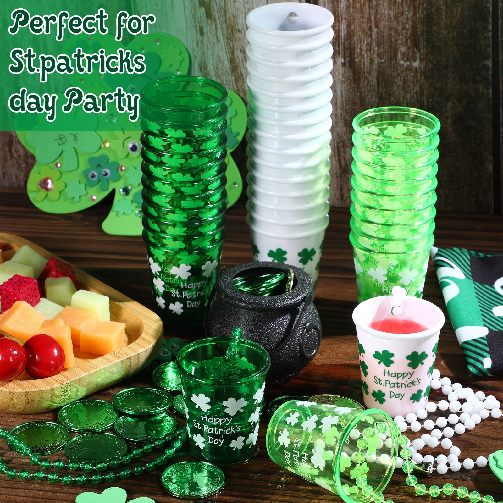 20 Pcs St. Patrick's Day Shot Glass on Beaded Necklace Shamrock Plastic Cup Necklace White Green Shot Glass Necklaces Lucky Beer Cup for Festival Bachelorette Wedding Birthday Party Favor