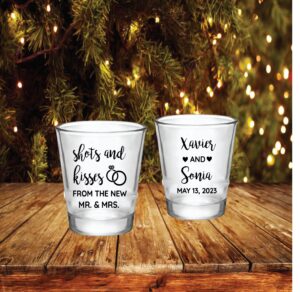 1.75oz personalized glass shot glass favors "shots and kisses" use for wedding, engagement, after party, bridal shower or your rehearsal dinner !