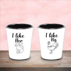 funny adult shot glass-2 pack set-couple shot glass-i like her cat,i like his cock-1.5oz ceramic cups-couples cups-lovers shot glass set