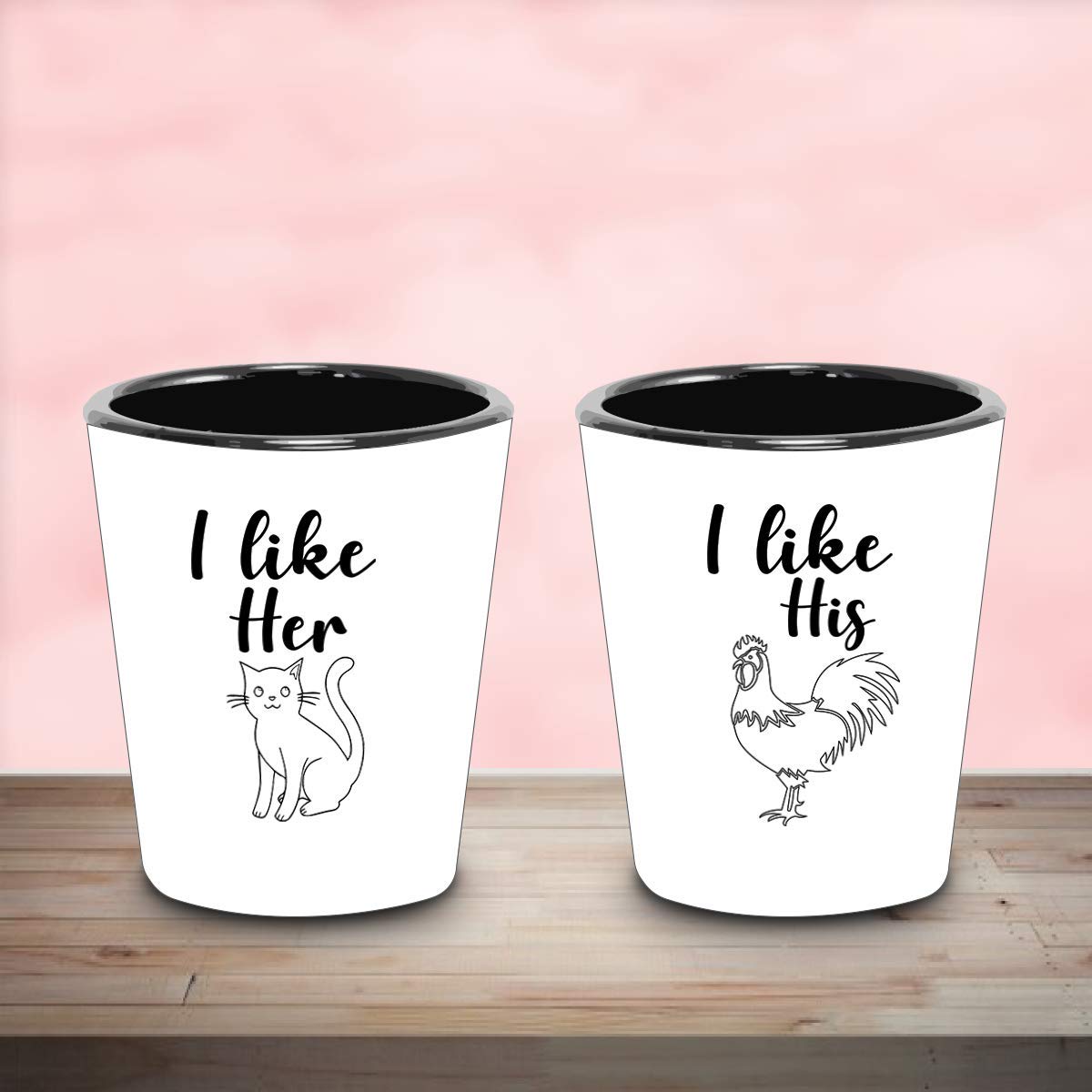 Funny adult shot glass-2 pack set-Couple shot glass-I like her cat,I like his cock-1.5oz ceramic cups-Couples cups-Lovers shot glass set