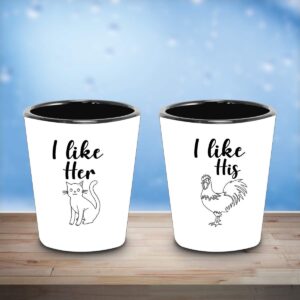 Funny adult shot glass-2 pack set-Couple shot glass-I like her cat,I like his cock-1.5oz ceramic cups-Couples cups-Lovers shot glass set