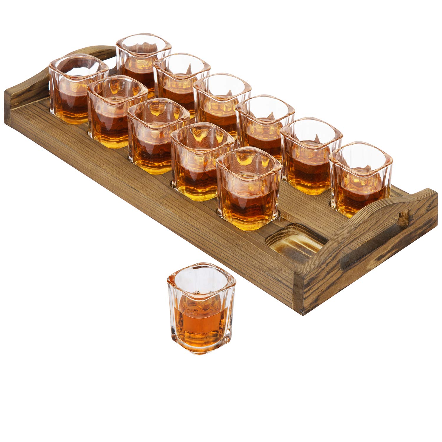 MyGift 13-Piece Shot Glass Set with Rustic Burnt Wood Serving Tray with Handles, Shooters Shot Glasses