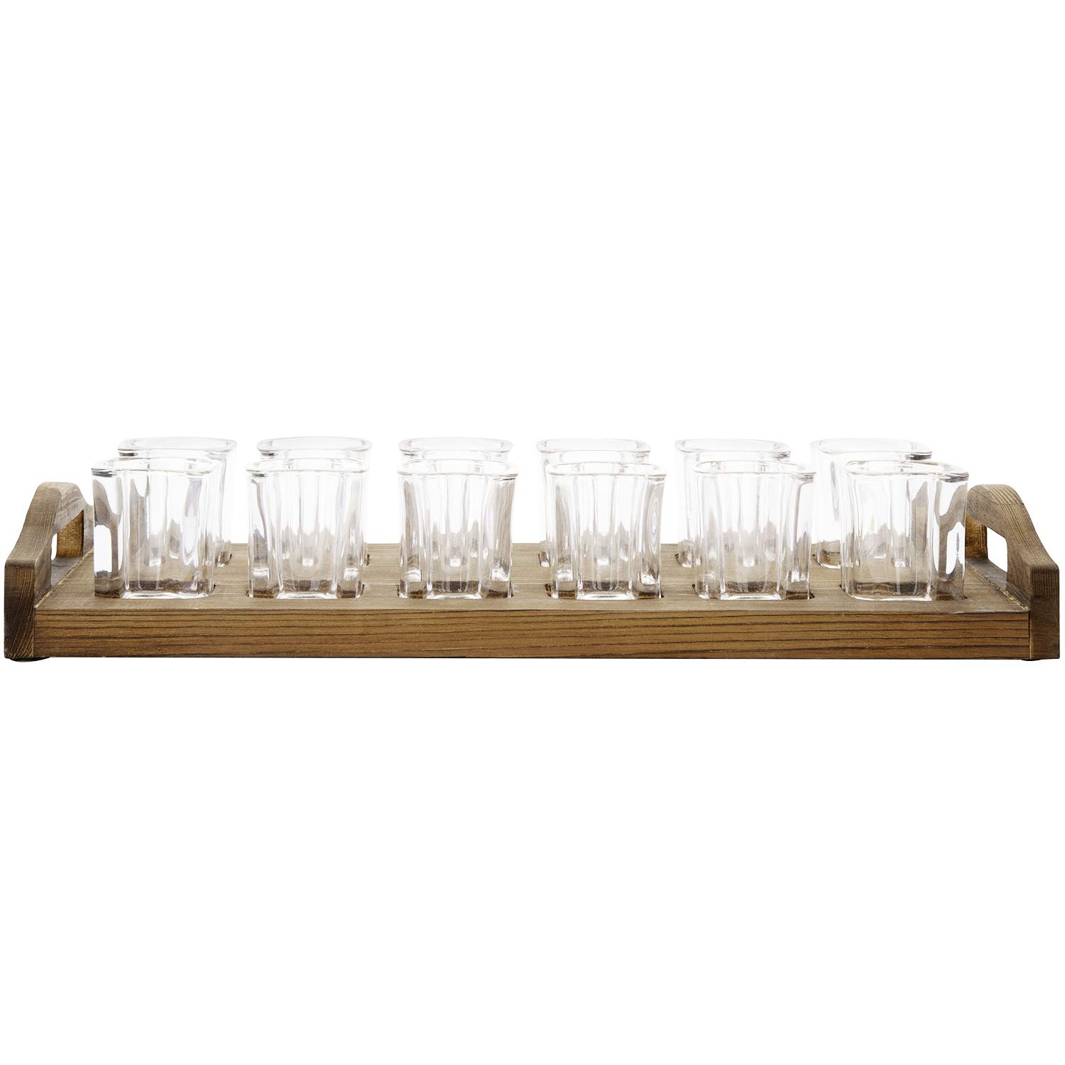 MyGift 13-Piece Shot Glass Set with Rustic Burnt Wood Serving Tray with Handles, Shooters Shot Glasses