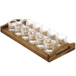 MyGift 13-Piece Shot Glass Set with Rustic Burnt Wood Serving Tray with Handles, Shooters Shot Glasses