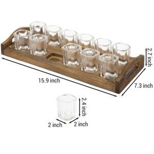 MyGift 13-Piece Shot Glass Set with Rustic Burnt Wood Serving Tray with Handles, Shooters Shot Glasses