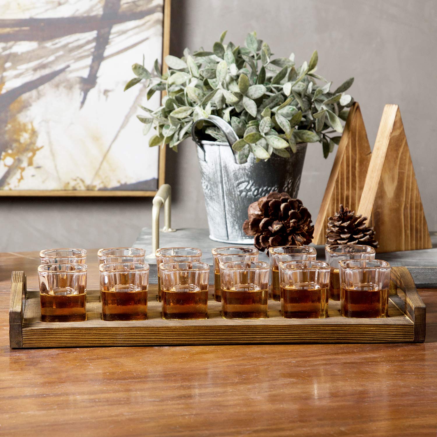 MyGift 13-Piece Shot Glass Set with Rustic Burnt Wood Serving Tray with Handles, Shooters Shot Glasses