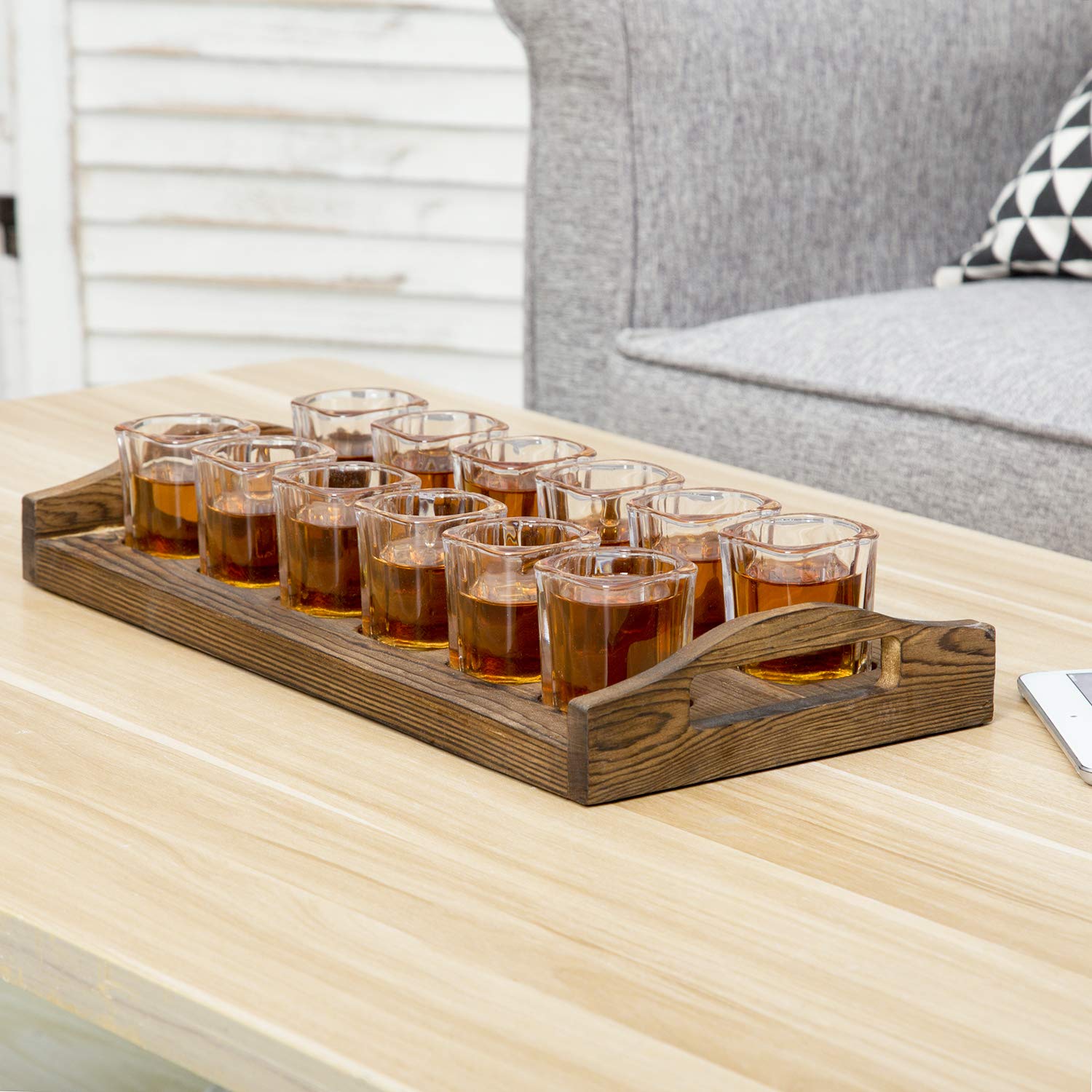 MyGift 13-Piece Shot Glass Set with Rustic Burnt Wood Serving Tray with Handles, Shooters Shot Glasses