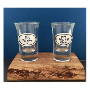 basic spirit shot glass - mr. right & mrs. always rightes with board home decoration for home bar, stocking stuffer, party favor or gift