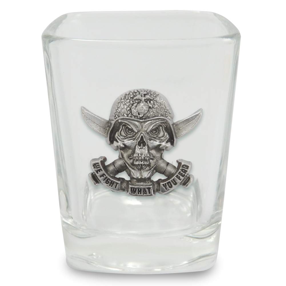 Indiana Metal Craft US MARINE CORPS Shot Glass with Pewter 3D Skull with Knives emblem MADE IN USA