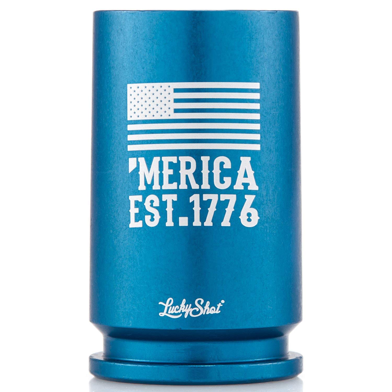 Lucky Shot 30MM Gauge Shot Glass 2.7 oz. |'Merica Flag Est. 1776 |Aluminum Warthog A-10 Round | For Whiskey, Tequila, Vodka | Made in USA (Blue)