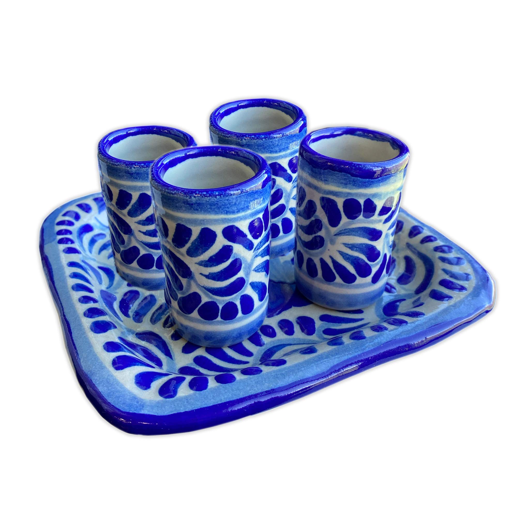 Talavera PotteryClay Blue Shot Glasses for Mezcal or Tequila (Pack 4 - Plate, Tall)