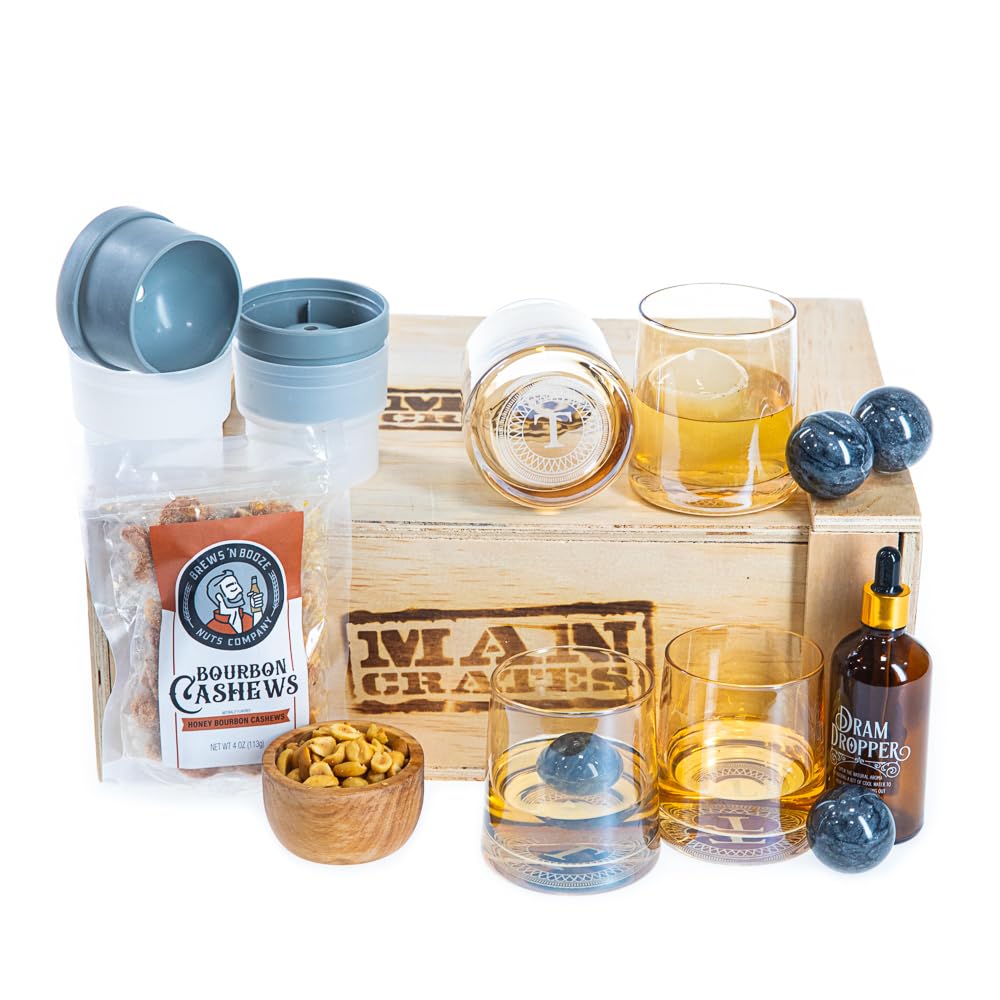 Man Crates Personalized Whiskey Crate – Includes 4 Amber Tinted Whisey Glasses, 2 Ice Sphere Molds, 4 Whiskey Stone Spheres,and More – Drinking Gift for Men