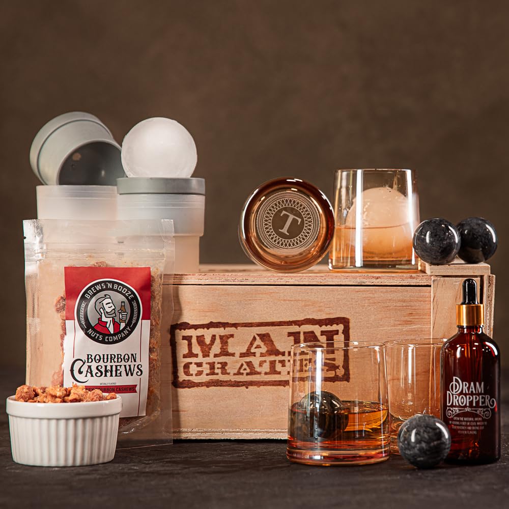 Man Crates Personalized Whiskey Crate – Includes 4 Amber Tinted Whisey Glasses, 2 Ice Sphere Molds, 4 Whiskey Stone Spheres,and More – Drinking Gift for Men