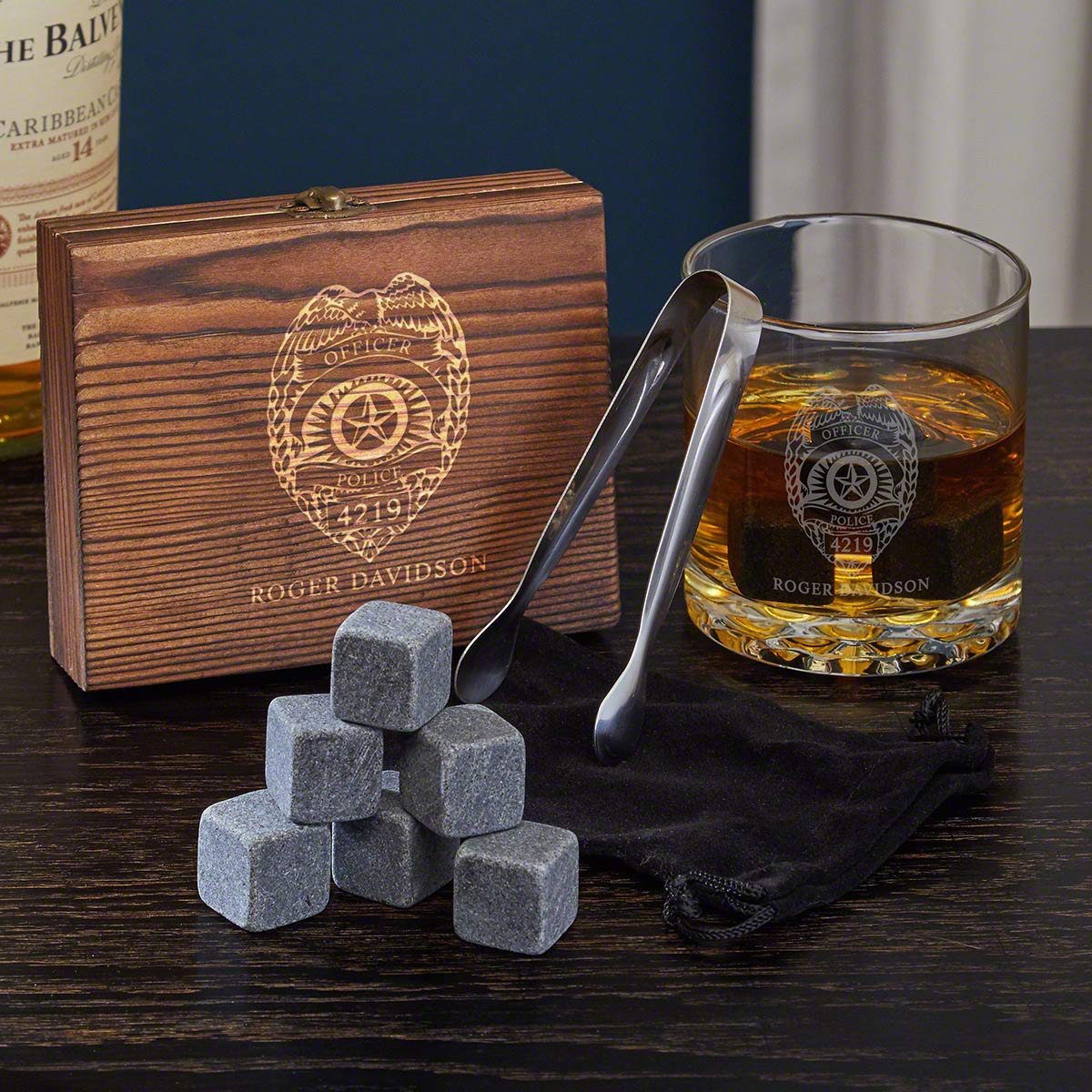 Police Badge Engraved Rocks Glass & Chilling Stones Whiskey Gift Set (Personalized Product)