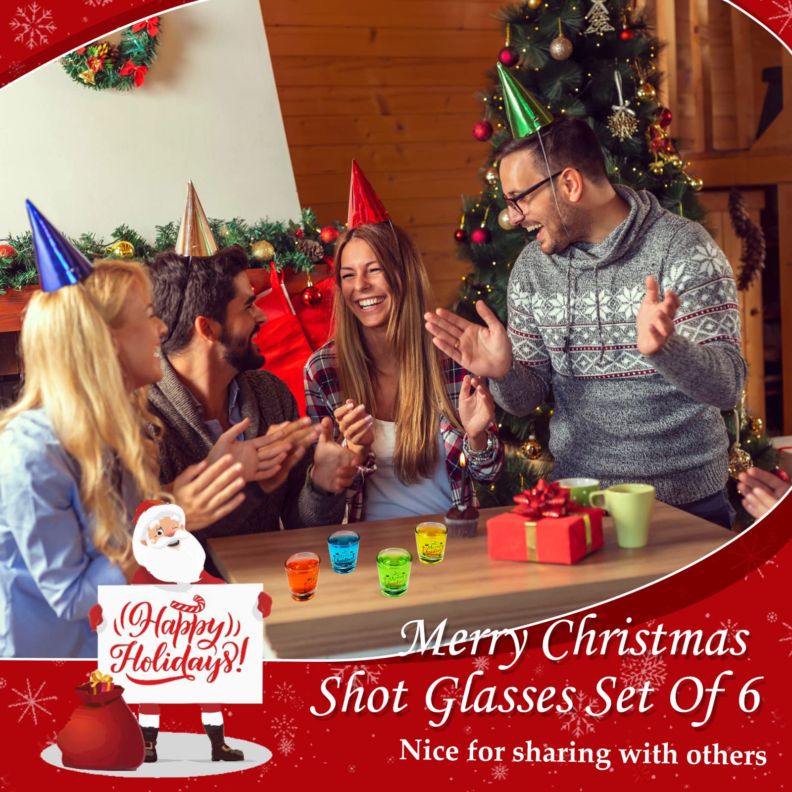 Lounsweer 6 Pcs Merry Christmas Shot Glass Set 2 oz Clear Holiday Cocktail Glasses Funny Shot Glasses Bulk, Cool Shot Cups with Weighty Base for Christmas Party Decoration Whiskey Drinkware Supply