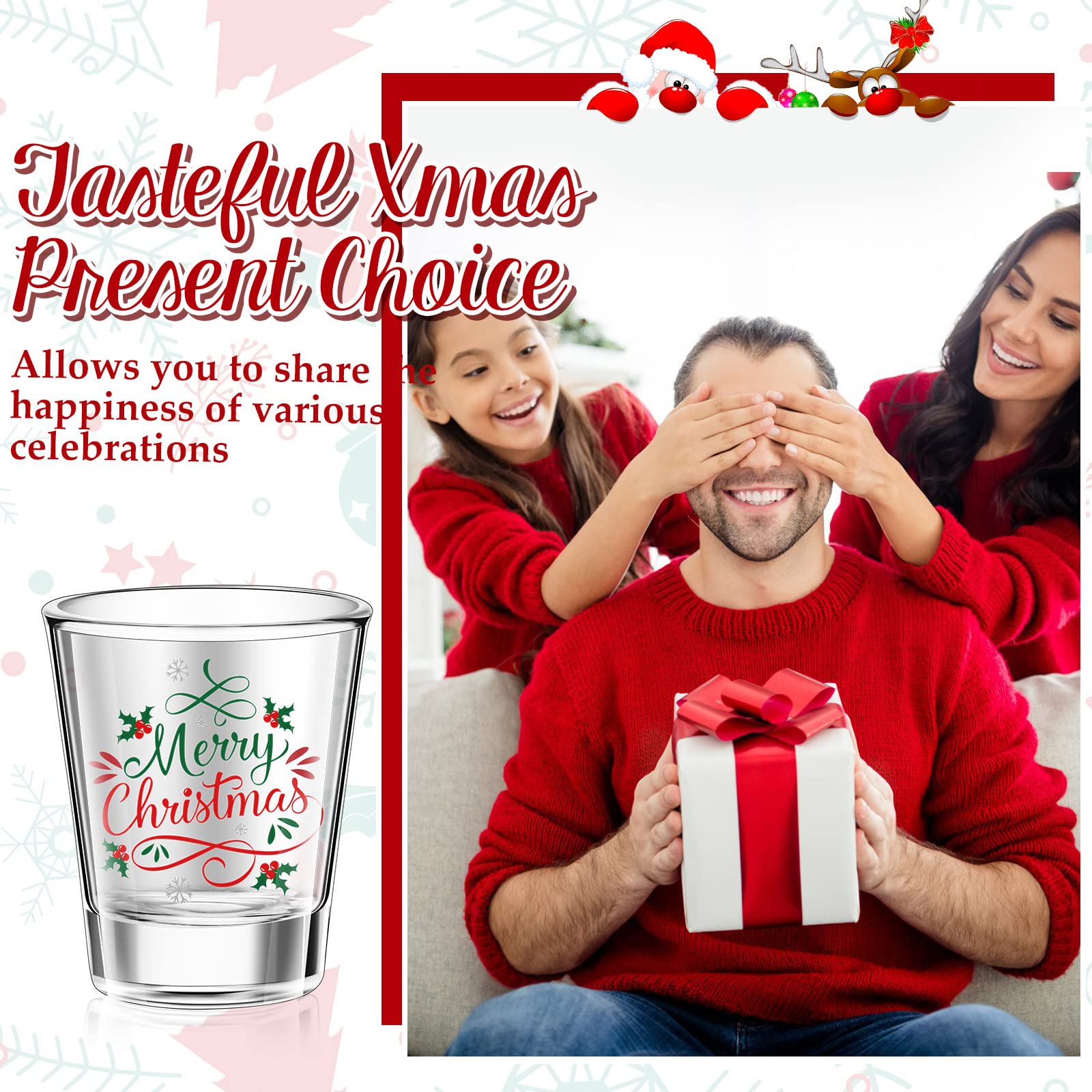 Lounsweer 6 Pcs Merry Christmas Shot Glass Set 2 oz Clear Holiday Cocktail Glasses Funny Shot Glasses Bulk, Cool Shot Cups with Weighty Base for Christmas Party Decoration Whiskey Drinkware Supply