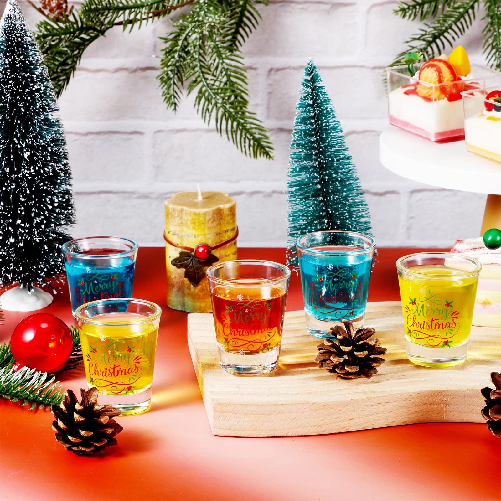 Lounsweer 6 Pcs Merry Christmas Shot Glass Set 2 oz Clear Holiday Cocktail Glasses Funny Shot Glasses Bulk, Cool Shot Cups with Weighty Base for Christmas Party Decoration Whiskey Drinkware Supply