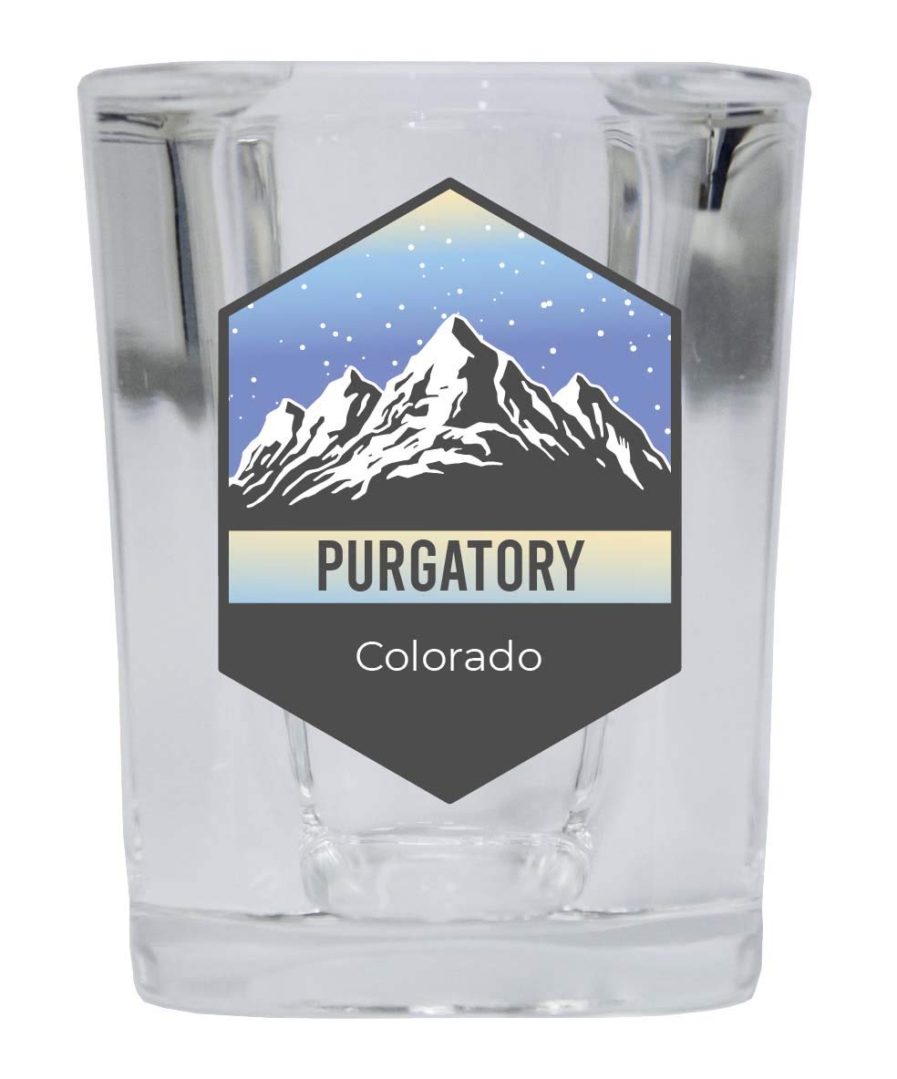 R and R Imports Purgatory Colorado Ski Adventures 2 Ounce Square Base Liquor Shot Glass