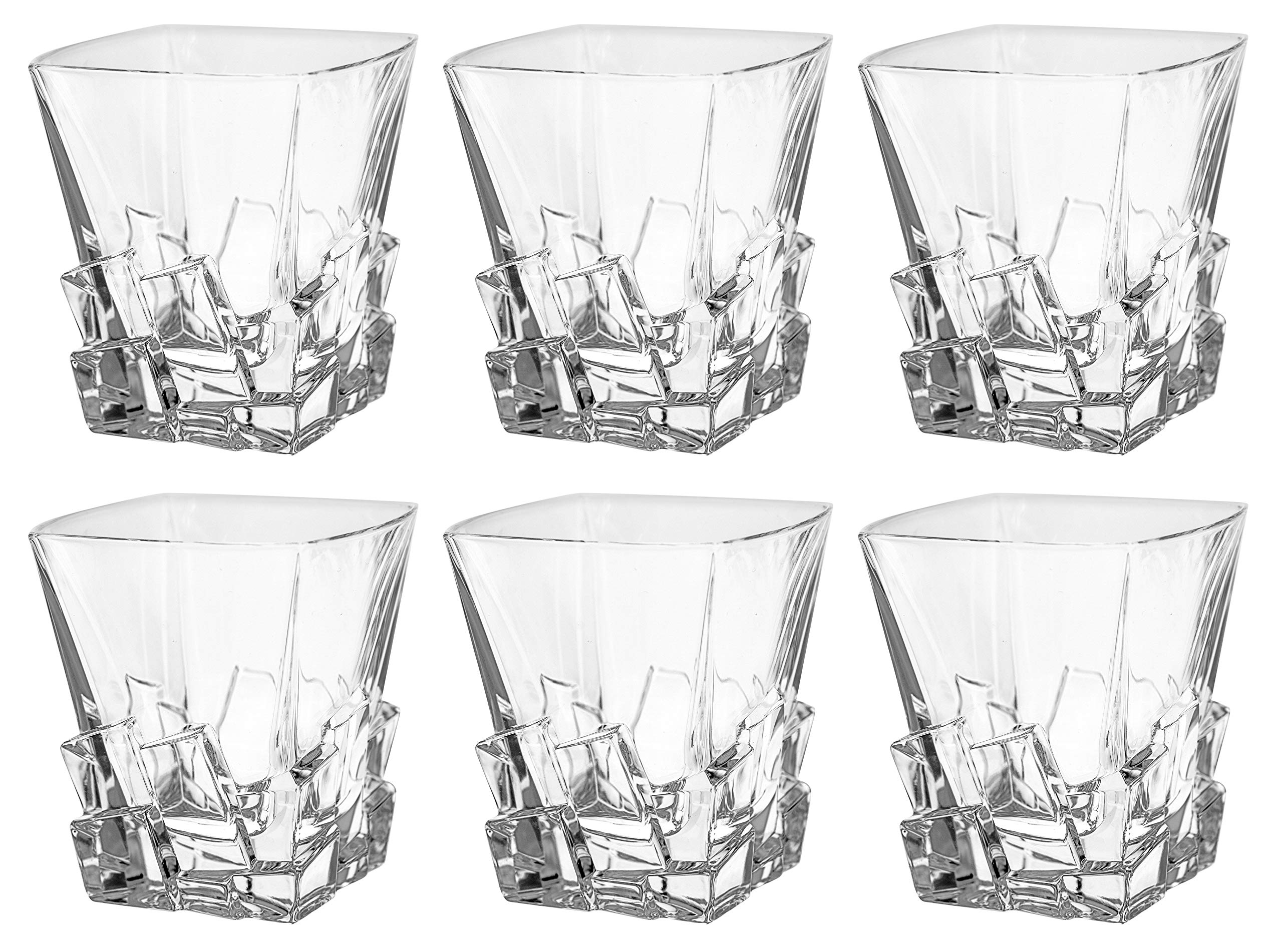 Barski - European Quality Glass - Crystal - Set of 6 - Square Shaped - Double Old Fashioned Tumblers - DOF - 11.7 oz. - with Ice Cubes Design - Glasses are Made in Europe