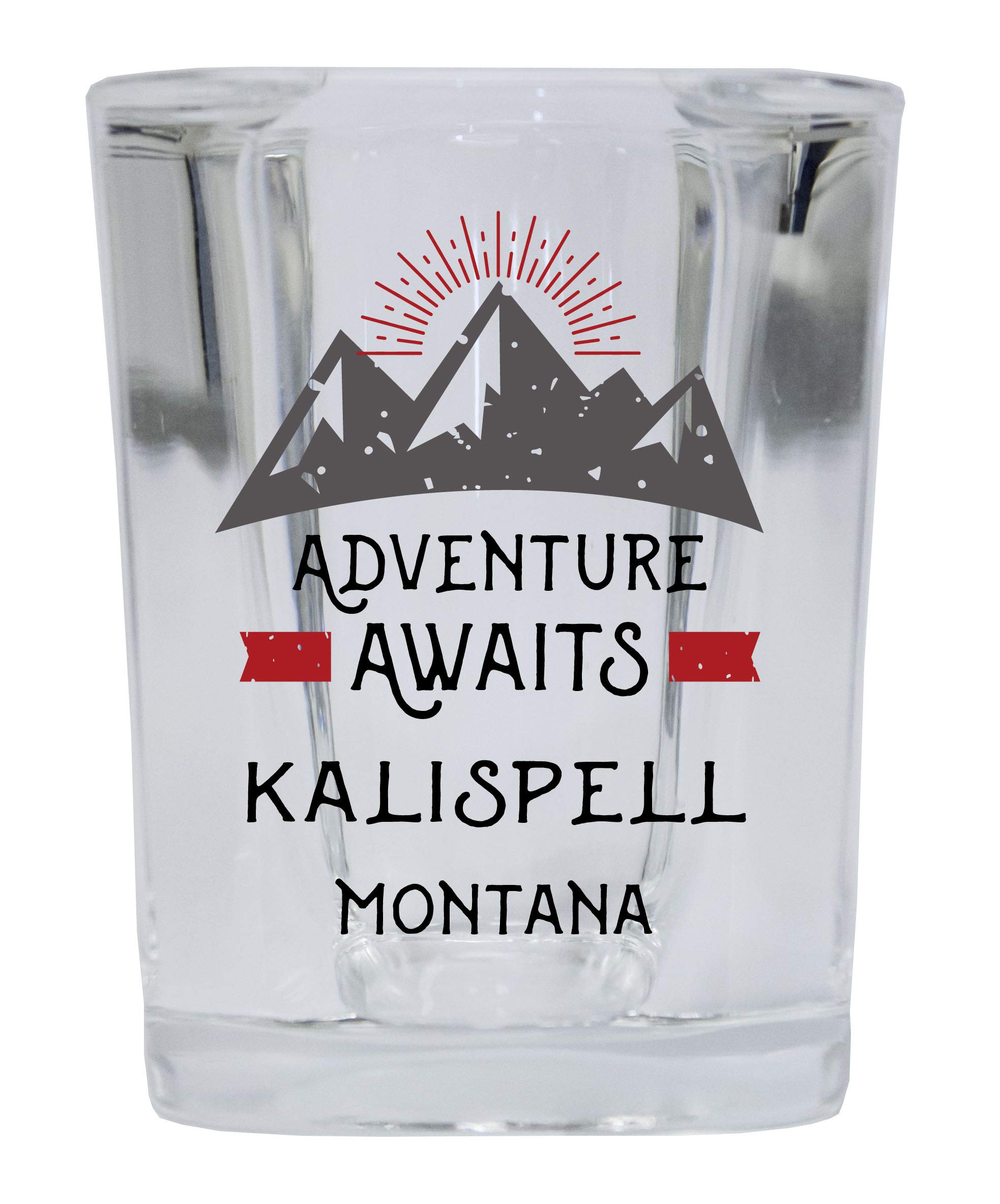 R and R Imports Kalispell Montana Souvenir 2 Ounce Square Base Liquor Shot Glass Adventure Awaits Design