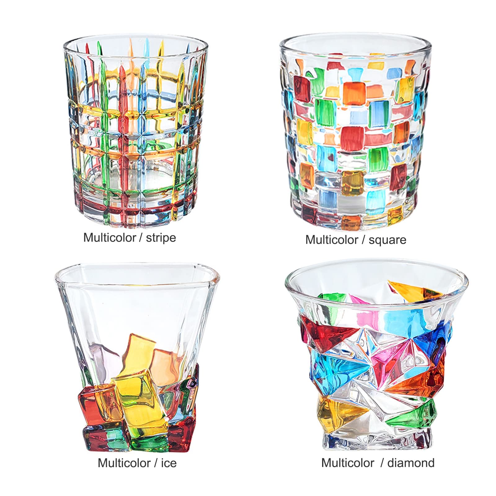 RXMORI 2PCS Colorful Drinking Glasses,Hand Painted Crystal Whiskey Glasses,Colorful Water Glasses Cocktail Glasses,Crystal Glass Whiskey Glass Juice Water Glass