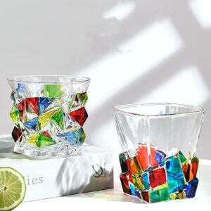 RXMORI 2PCS Colorful Drinking Glasses,Hand Painted Crystal Whiskey Glasses,Colorful Water Glasses Cocktail Glasses,Crystal Glass Whiskey Glass Juice Water Glass