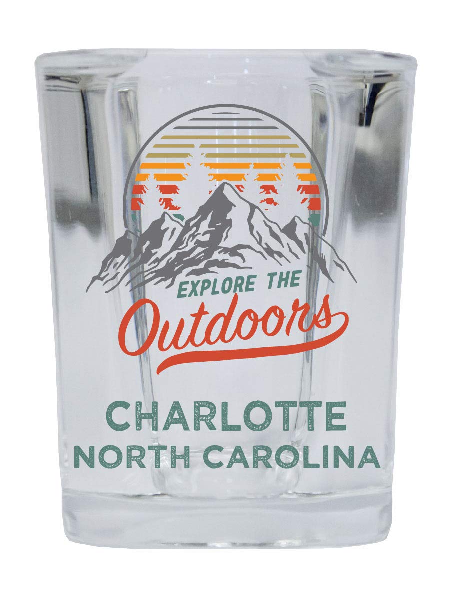 R and R Imports Charlotte North Carolina Explore the Outdoors Souvenir 2 Ounce Square Base Liquor Shot Glass