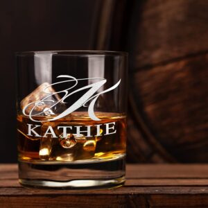 Personalized Whiskey Glass for Men Customized Engraved Script Monogram Initial and Name 10.25 oz Old Fashioned Rocks Cocktail Bourbon Glass Custom Gift