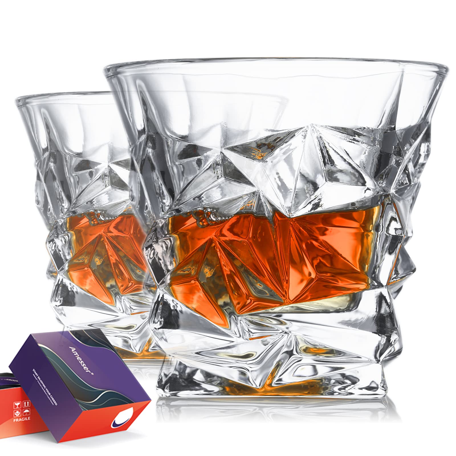 Amesser Whiskey Rocks Glasses Old Fashioned - 9 Ounce Gift Set of 2, Handblown Crystal Whisky Tumbler for Bourbon, Lagavulin scotch, Liquor, Irish, Vodka, Cognac, Loop, Clear (HW-S004)