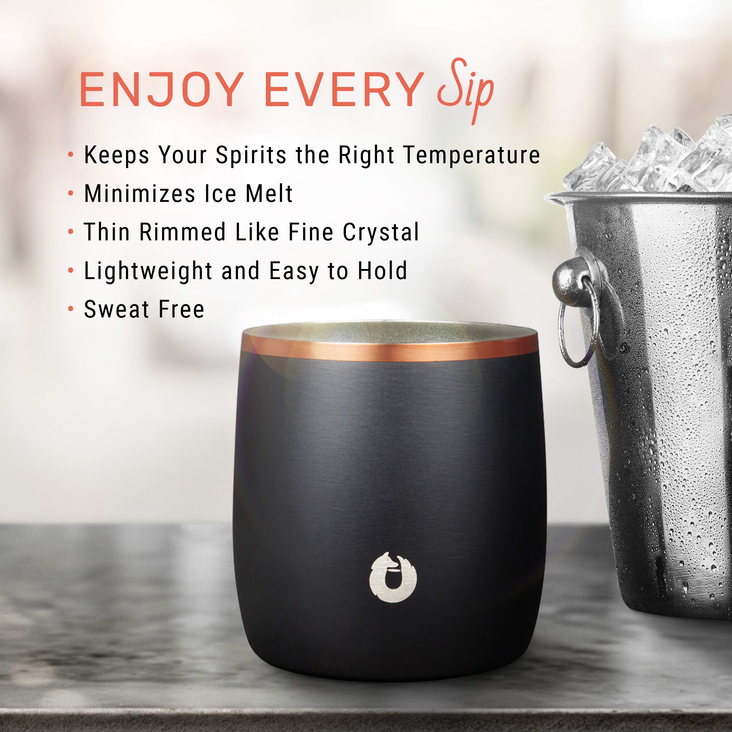 Snowfox Vacuum Insulated Stainless Steel Whiskey Rocks Glass with Lid - Old Fashioned, Whiskey, Lowball Glasses - Elegant Home Bartending - Beverages & Cocktails Stay Cold - Marble