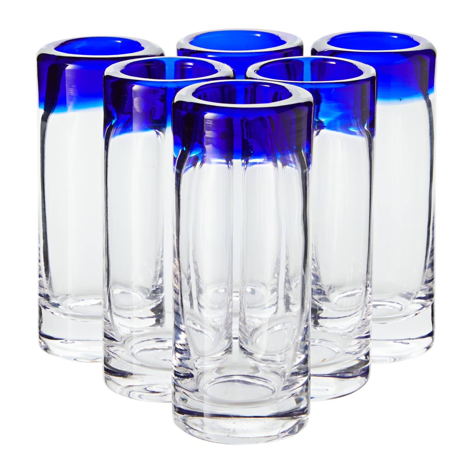 Okuna Outpost Set of 6 Hand Blown Mexican Double Shot Glasses, 2oz Cobalt Blue Rim Tequila Sipping Set