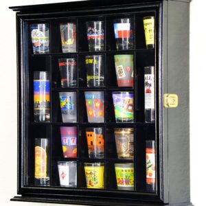 21 Shot Glass Shotglass Shooter Display Case Holder Cabinet Wall Rack 98% UV Lockable -Black