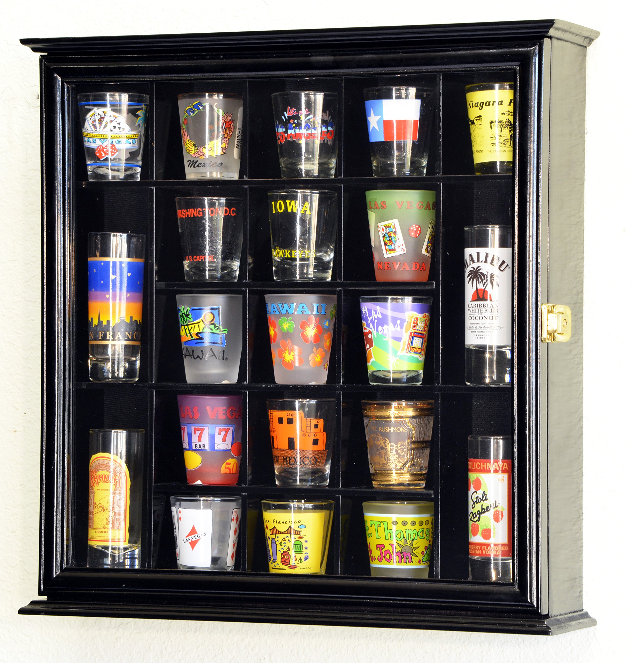 21 Shot Glass Shotglass Shooter Display Case Holder Cabinet Wall Rack 98% UV Lockable -Black