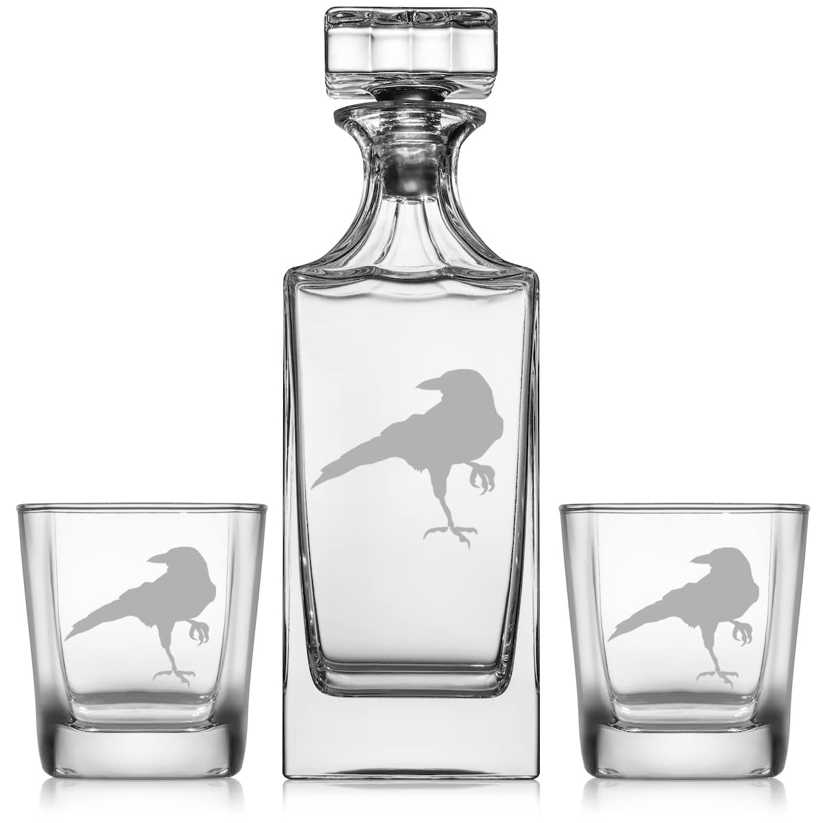 Whiskey Decanter Gift Set With 2 Whiskey Old Fashioned Rocks Glasses Crow Raven Blackbird