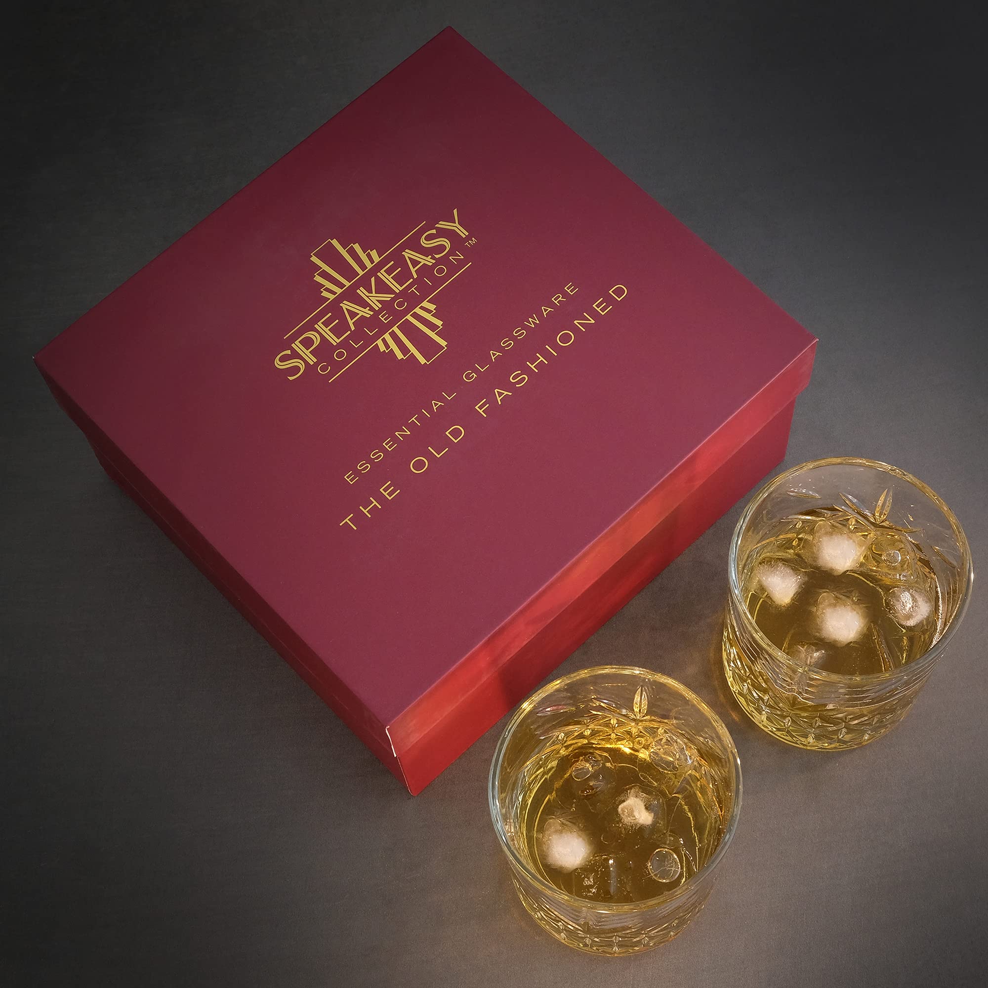 Speakeasy Collection Vintage Old Fashioned Glasses | Classic Whiskey Set of 2 | 12 oz Lead-free Cocktail Glassware for Scotch Bourbon | Neat or Rocks | Beautiful Gift Box Packaging Designed in Tuscany