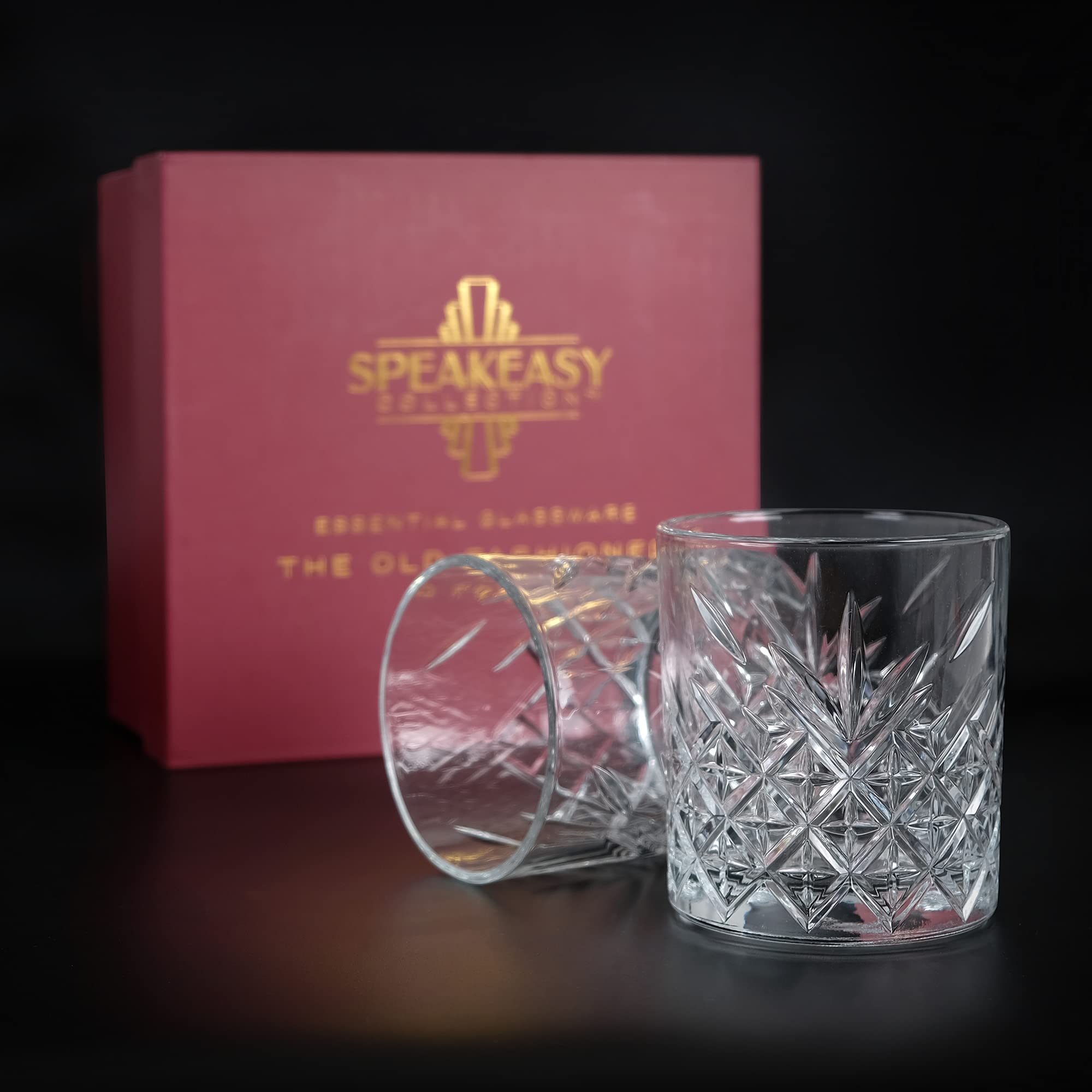 Speakeasy Collection Vintage Old Fashioned Glasses | Classic Whiskey Set of 2 | 12 oz Lead-free Cocktail Glassware for Scotch Bourbon | Neat or Rocks | Beautiful Gift Box Packaging Designed in Tuscany