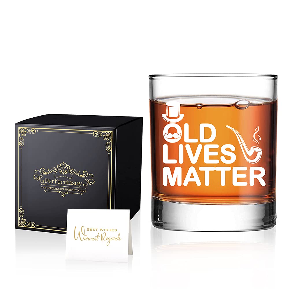 Perfectinsoy Old Lives Matter Whiskey Glass with Gift Box, Funny Dad Gifts from kids, Funny Gag Gifts for Mom, Dad, Grandma, Grandpa, Anniversary, Birthday or Retirement Gift for Senior Citizens