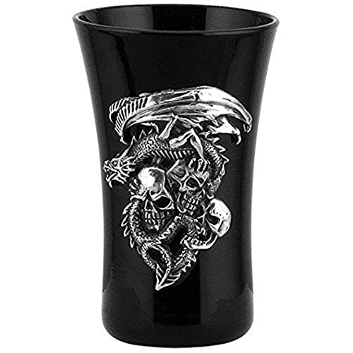 3.38 Inch Dragon and Three Skulls Shot Glass, Black and Silver Color