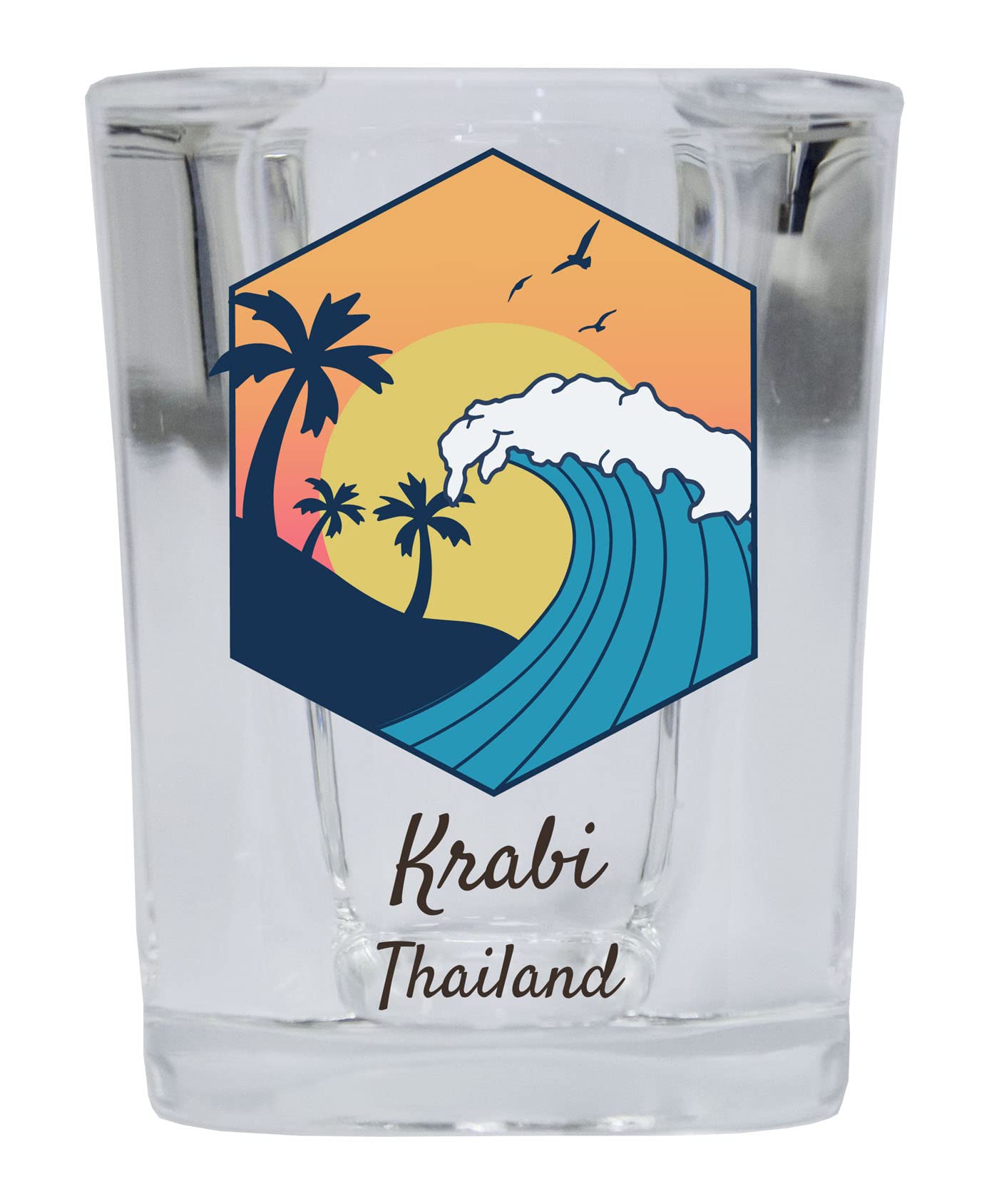 R and R Imports Krabi Thailand Souvenir 2 Ounce Square Base Shot Glass Wave Design Single