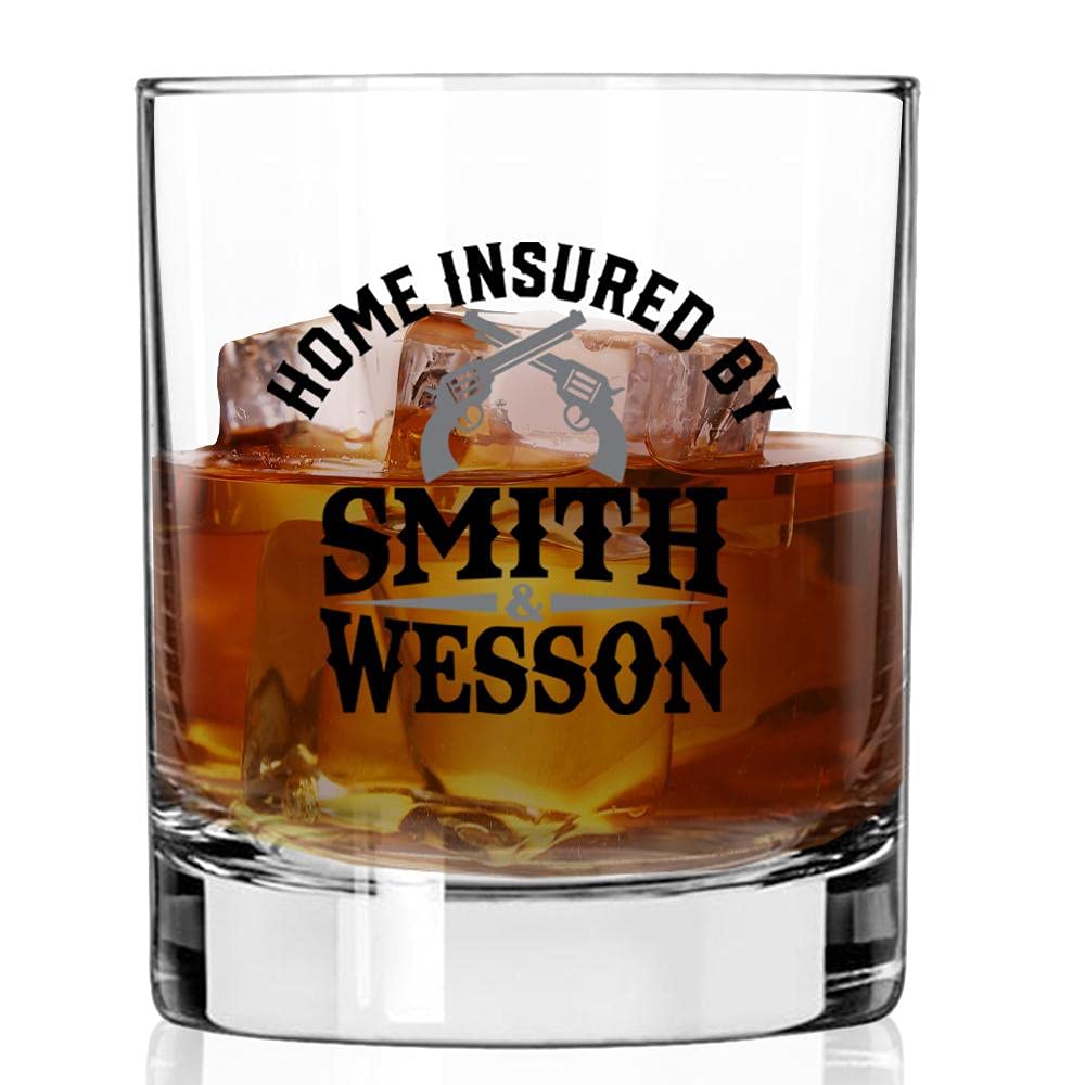 Lucky Shot - Home Insured by Smith & Wesson Whiskey Glass | American US Patriotic Gift | Perfect Decoration Gifts for Home Office & Outdoor | Smith & Wesson Glasses (11 oz)