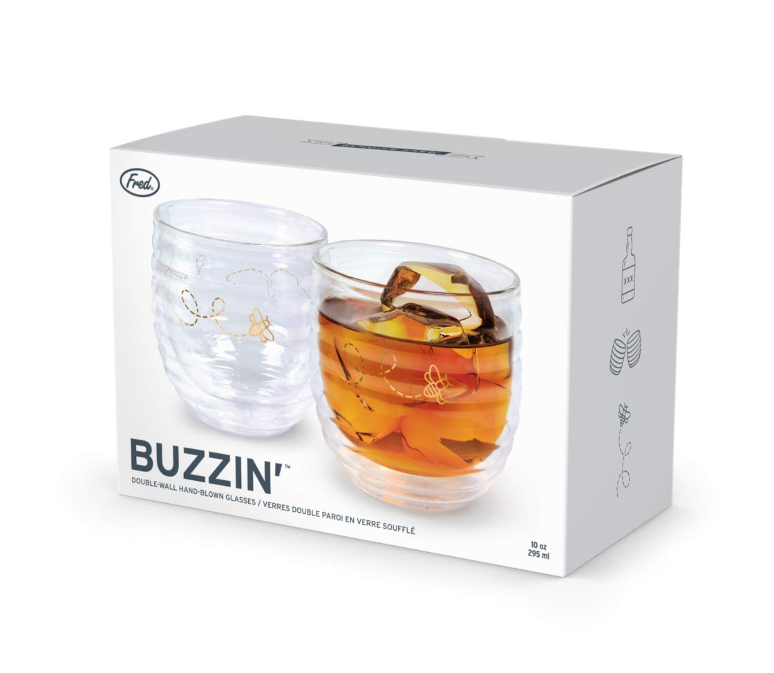 Fred & Friends Genuine Fred BUZZIN' - Rocks Glasses, clear and gold, 10 fluid ounces