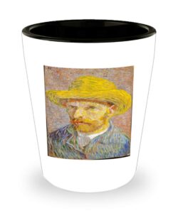 famous artist masterpiece shot glass self-portrait shot glass with a straw hat obversethe potato peeler 1887 vincent van gogh dutch masters work of art painting 11oz ceramic drink jigger