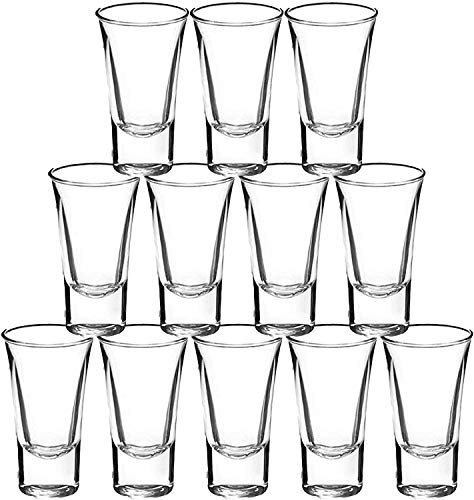 2 oz Clear Tall Flair Shot Glass Set of 12, Heavy Base Shot Glasses 12/Case Classic Cone Shaped Tequila Shooter Glass 12-Pack Premium Glassware With Liquor Pourer And Coasters