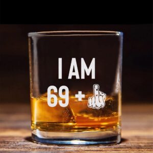 QPTADesignGift I Am 69 + Middle Finger Whiskey Glass - Whiskey Glass Etched - 70Th Birthday - Funny Birthday Turning 70Th - Fathers Day Glass - Funny 70Th Birthday