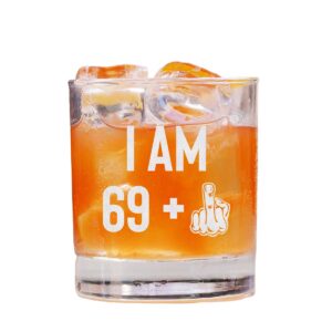 QPTADesignGift I Am 69 + Middle Finger Whiskey Glass - Whiskey Glass Etched - 70Th Birthday - Funny Birthday Turning 70Th - Fathers Day Glass - Funny 70Th Birthday